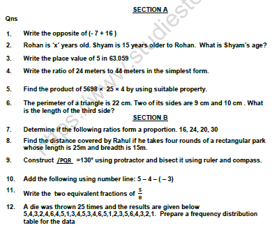 CBSE Class 6 Mathematics Question Paper Set 3